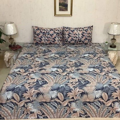 Multi Leaf Printed Bed Sheet With 2 Pillow Covers – 3 PCS with 2 Pillow ...
