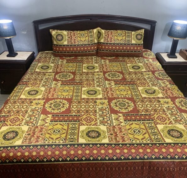 Buy 3 PCS Jeans Bed Sheet – Yellow Maroon Box Printed for Sale